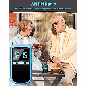 Sunoony Portable Radio AM FM, 900mAh Rechargeable Battery Personal Pocket Radio with Best Reception, Clearly LCD Screen, Earphone Jack, Time Setting Transistor Radio for Home & Outdoor, Walking (Blue)
