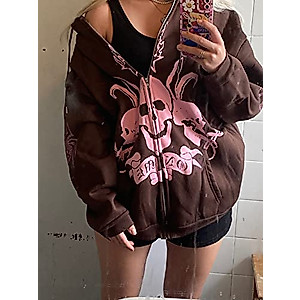PLAYPUNK Women Rhinestone Oversized Zip Up Hoodie Y2k Skeleton Spider Skull Print Vintage Hoodies 90s Pullover Grunge Jacket Brown
