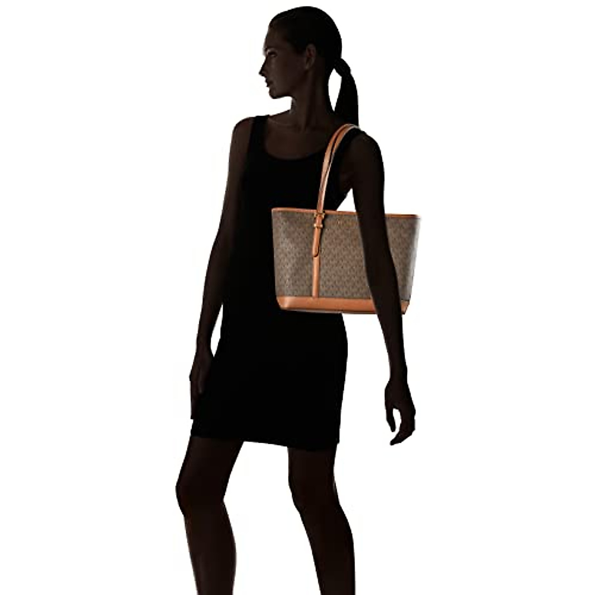 Michael Kors Jet Set Small Zip Top Shoulder Tote Handbag Brown Signature