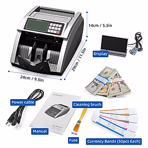 Money Counter Machine PONNOR with Value Count, Dollar, Euro with UV/MG/IR/DD/DBL/HLF/CHN Counterfeit Detection, Bill Cash Counting, Large LCD Display