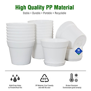 WOUSIWER 16 Pack 6 inch Plastic Planters for Indoor Flower Pots, Heavy Duty and Stylish 6 Inch Plant Pots for Indoor Plants with Drainage Holes and Tray for Plants, Flowers, White