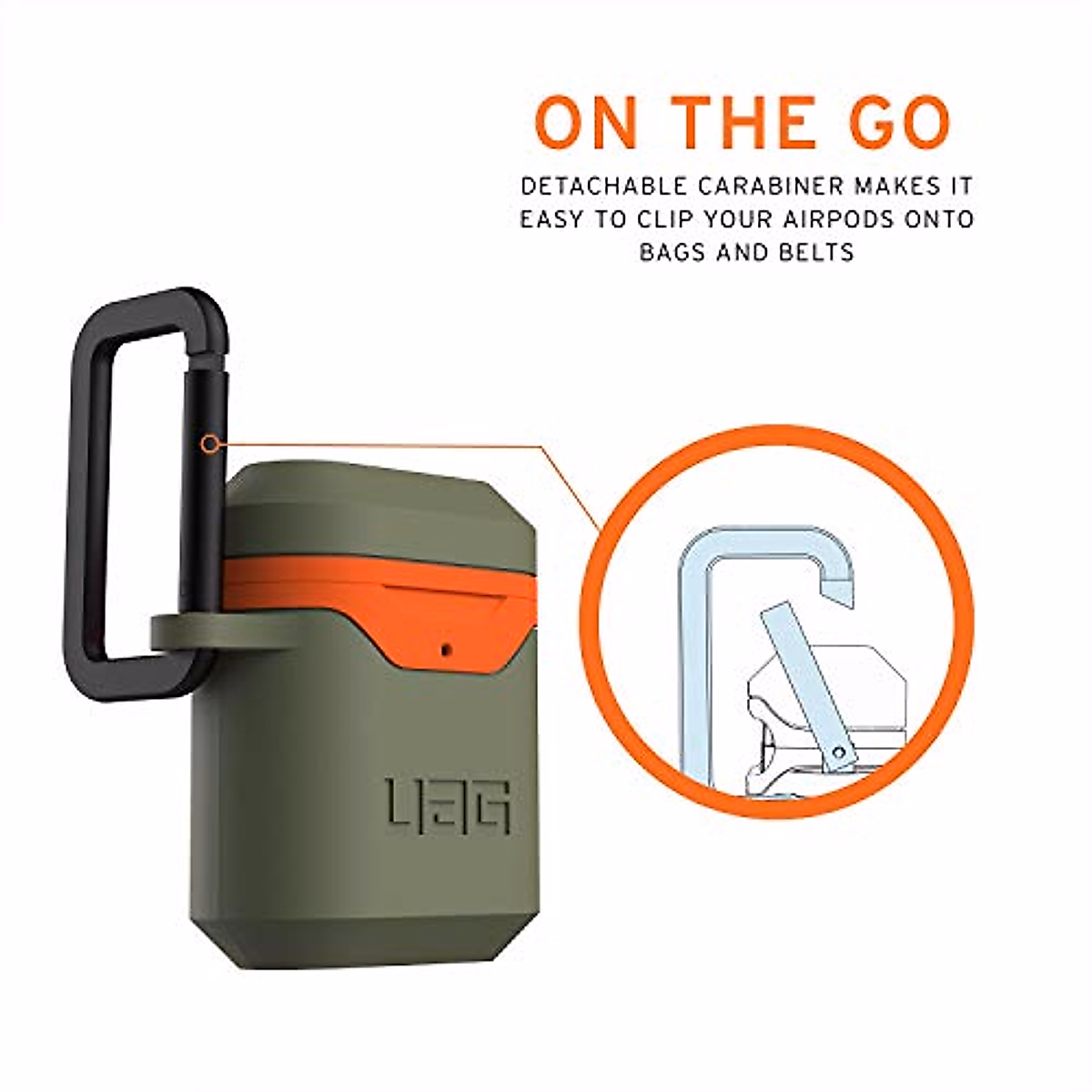 URBAN ARMOR GEAR UAG Compatible with AirPods (1st & 2nd Gen) Case Full-Body Protective Soft-Touch Silicone Case with Detachable Carabiner, Standard Issue Hard Case_001, Olive/Orange