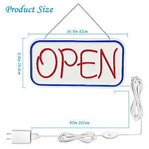 Neon Open Sign, Open Signs for Business, 16.5"x 8.4" Open Sign Led, Open Signs for Business Window With Adjustable Brightness, Open Neon Sign, Powered by USB with ON/OFF Switch