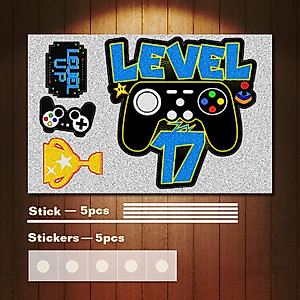 4PCS Level 17 Birthday Cake Toppers - Blue Glitter Video Game 17th Birthday Cake Picks - Boy's Birthday Gaming Theme Cupcake Toppers set - Level Up Winner Party Decoration Supplies