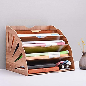 File Folder Holder Wood Organizer 5 Compartment, File Sorter Wood Buckle Design Desktop Fan-Shaped Mail Letter Document Magazine File Assembly Divider DIY Office Tabletop Storage Box (Brown)