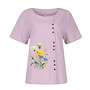 Cotton Linen Tops for Women Short Sleeve Flower Graphic Print Crewneck Vintage Blouse Shirts Tops Loose Fit Tunic Tee