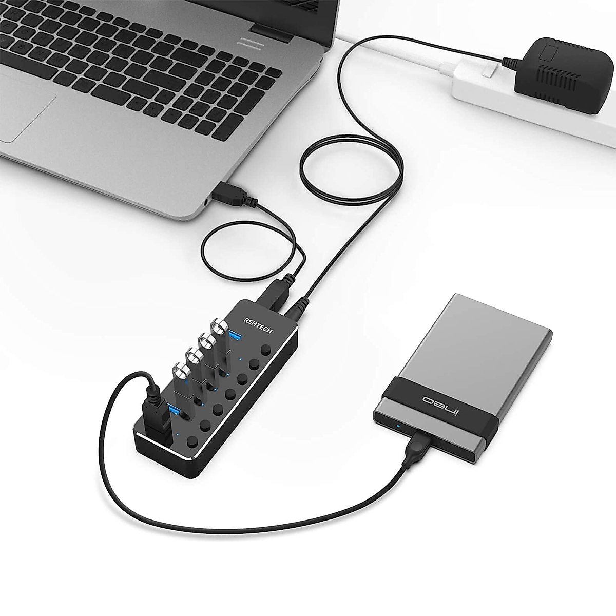 RSHTECH 7 Port Powered USB 3.0 Hub with AC Adapter + 7 in 1 USB C Hub with 8K HDMI Port, 3 10Gbps USB 3.2 Data Ports, 100W PD and SD/TF Card Reader
