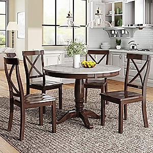 5 Pieces Dining Table and Chairs Set, Wood Kitchen Set with Round Marble Veneer Top Dining Table and 4 Chairs, Rustic Dining Table Set for 4 Persons