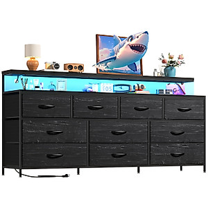 EnHomee 55" W Dresser for Bedroom with 10 Drawers Long Dresser with LED Lights & Power Outlets Wide Dressers & Chests of Drawers Large Dresser for Bedroom Dresser Metal Frame, Wood Top, Charcoal Black