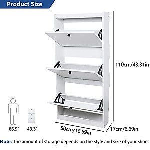 ZHFEISY 3 Tier Shoe Cabinet Shoe Storage Cabinet with 3 Large Fold-Out Drawers 19.69" x 6.69" x 43.31" White Shoe Rack for Entryway Hallway