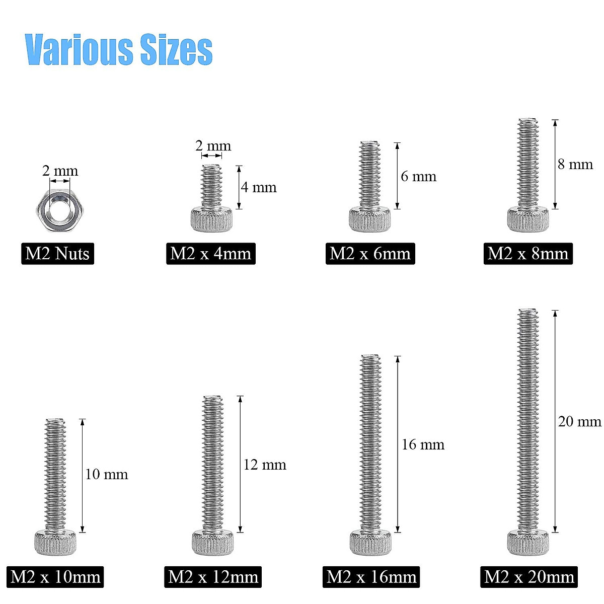 DYWISHKEY 310 Pieces M2 x 4mm/6mm/8mm/10mm/12mm/16mm/20mm, Stainless Steel 304 Hex Socket Head Cap Bolts Screws Nuts Kit with Hex Wrench