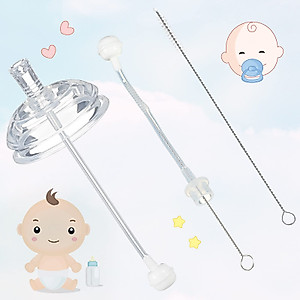 4 Pieces Baby Bottle Nipples (12m+) Medium Flow Silicone Straw Top Nipple Sippy Spout Replacement Nipples and 4 Pieces Cleaning Brushes for 2.8 Inch Diameter Baby Bottle | No BPA | Spillproof