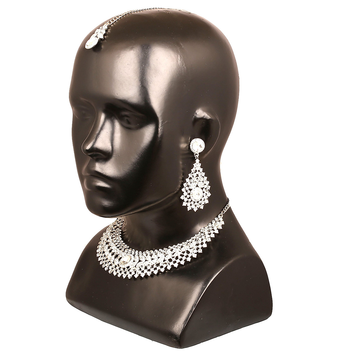 Touchstone Indian jewelry set for women rhinestone bridal necklace statement wedding brides earring formal big designer collar style trendy desi rhinestones maang tikka fashion in silver tone.