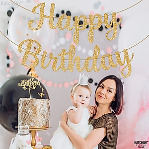 KatchOn, Cursive Glitter Gold Happy Birthday Banner - Pre-Strung, 10 Feet, No DIY | Real Gold Birthday Party Decorations | Gold Happy Birthday Sign for Girls, Gold Happy Birthday Decorations for Women