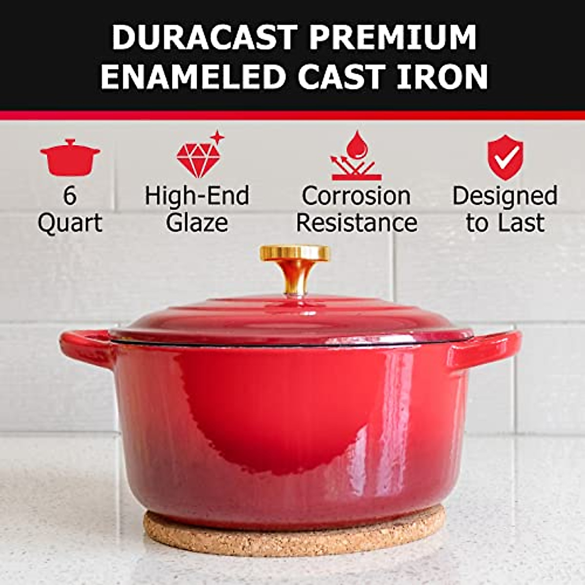 Mueller 6 Qt Enameled Cast Iron Dutch Oven, Heavy-Duty Casserole Dish and Braiser Pan with Lid and Stainless Knob, Safe for All Cooktops