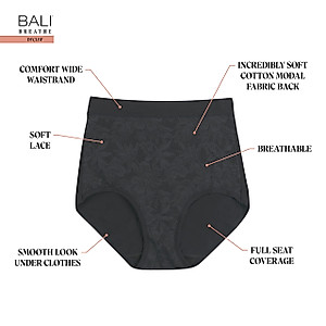 Bali Women's Breathe High-Rise Panty, Breathable Lace Modal Brief Underwear, 3-Pack, Black/Black/Gloss