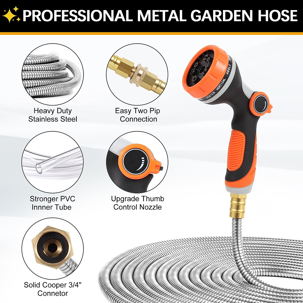 Garden Hose 100 FT Metal Flexible, Stainless Steel Water Hose 100ft with Nozzle, Solid Metal Fitting, Heavy Duty, No-Kink & Lightweight Metal Hose for Outdoor, Yard, Lawn, RV, Patio & Car