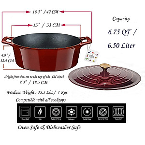 La Cuisine Enameled Cast Iron Oval Dutch Oven Casserole Dish Pot with Lid 6.75 QT Internal Matte Black Enamel Coating for bread baking, Gold-Plated Stainless Steel Lid Handle, Oven Safe up to 500° F. Cranberry