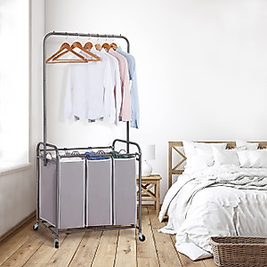STORAGE MANIAC 136L Laundry Sorter with Hanging Bar, Portable, Removable Laundry Hamper Cart with Heavy Duty Rolling Lockable Wheels and Removable Bags, Rolling Laundry Basket Organizer, 3 Section