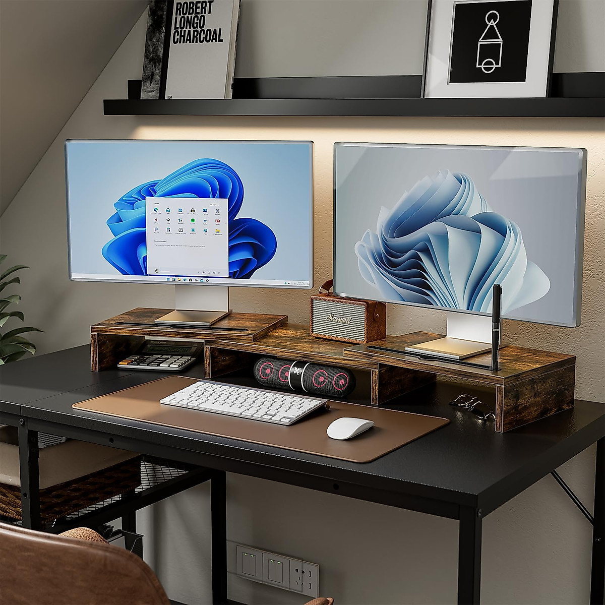 XBurmo Monitor Stand Riser, Dual Monitor Stand with slots for TV/PC/Laptop, Wood Computer Monitor Stand with adjustable Length and Angle, Rustic Brown