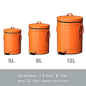 Retro Trash Can with Lid - 5L/1.3Gal Step Trash Can w/ Soft Closing Lid - Round Garbage Can w/ Handles - Touchless Trash Can w/ Removable Garbage Guard Bucket - Outdoor Garbage Can - Large Trash Bin, Orange