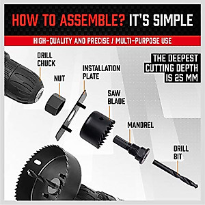 SEDY Hole Saw Kit, 19-Pieces Hole Saw Set with Red Case Include 13pc 3/4"-6"(19-152mm) Saw Blades, 2 Mandrels, 2 Drill Bits, 1 Installation Plate, 1 Hex Key, Ideal for Soft Wood, Plywood, Drywall, PVC
