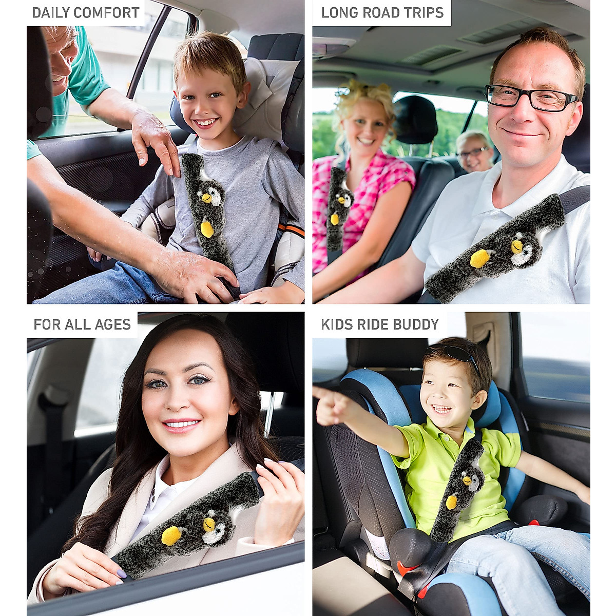 DolliBu Black Penguin Plush Car Seatbelt Cover - Soft Fluffy Cushion Support for Safety Seat Belt Strap Cover, Decorative Wild Life Stuffed Animal Padded Toy Cute Vehicle Accessory for Kids & Adults