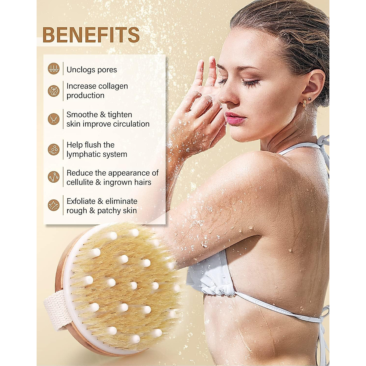 Dry Brushing Body Brush, POPCHOSE Exfoliating Body Brush for Beautiful Skin, Body Scrubber for Cellulite and Lymphatic Drainage, Blood Circulation Improvement with Natural Bristles Massage Nodules