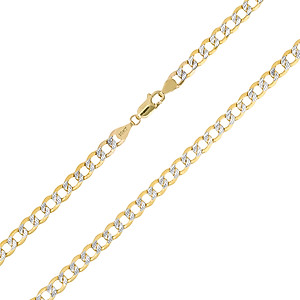 Nuragold 10k Yellow Gold 5.5mm Cuban Chain Curb Link Diamond Cut Pave Two Tone Pendant Necklace, Mens Womens Jewelry 16" 18" 20" 22" 24" 26" 28" 30"