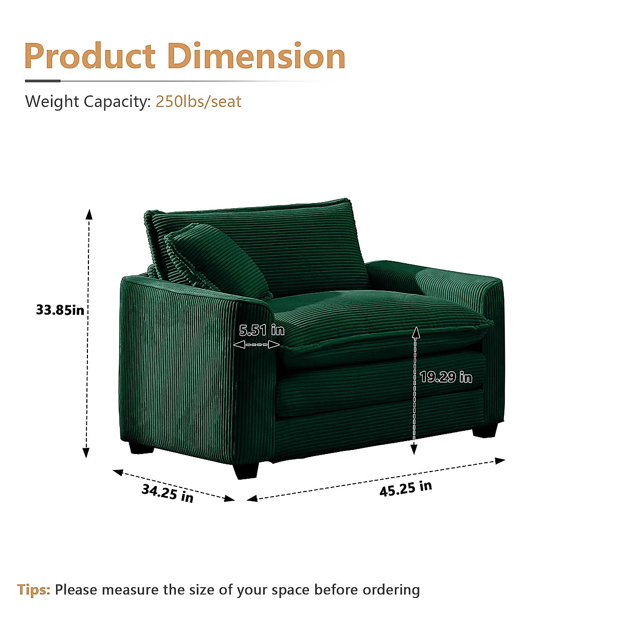 mikibama Luxury Modular Sectional Sofa Chair, 45 Inch Modern Corduroy Comfy Cloud Couches for Living Room Office Bedroom, Deep Sofa Chair with 1 Toss Pillows, Green