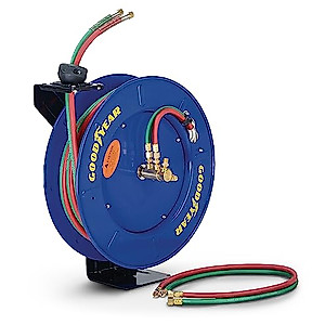 Goodyear Welding Hose Reel Retractable 1/4" Inch x 50’ Foot Twin Oxygen Acetylene Rubber Hoses STD Duty Max 300PSI Heavy Duty Industrial Single Arm Construction