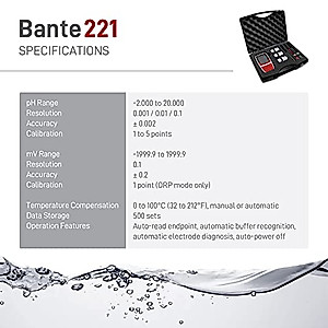 Bante 221 Portable pH ORP Meter | Handheld pH Meter | Equipped with pH and ORP Electrodes | Accuracy ±0.002 pH, ±0.2 mV | 500 Sets of Data Storage