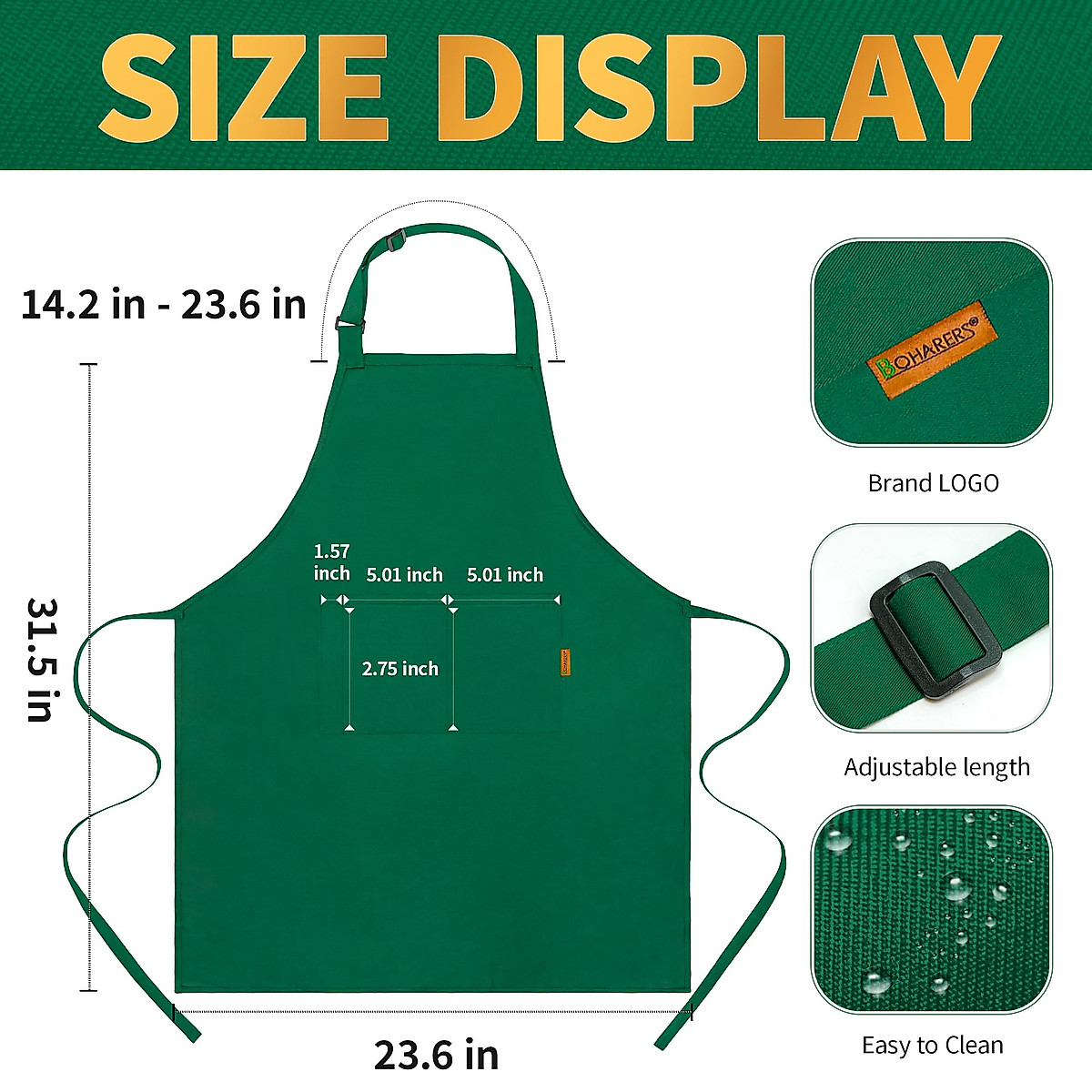 BOHARERS Green Aprons with Pockets - Restaurant Bib Apron for Work Home Kitchen Washable Chef Aprons Costume