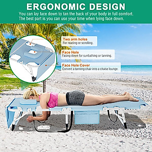 LILYPELLE 3in1 Sun Tanning Chair with Mattress, Heavy Duty Lounger Chair with Face Arm Hole, Removable Pillow, Outside Chaise Lounge Chair for Sunbathing, Patio, Poolside, Lawn, Beach
