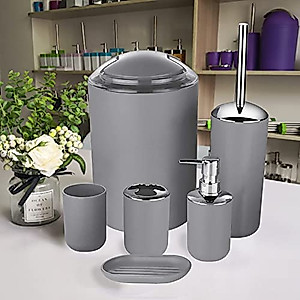 #h99E5R 6 Piece Bathroom Accessory Set with Soap Dispenser Pump Toothbrush Holder Toilet Brush Trash Cantumbler and Soap Dish