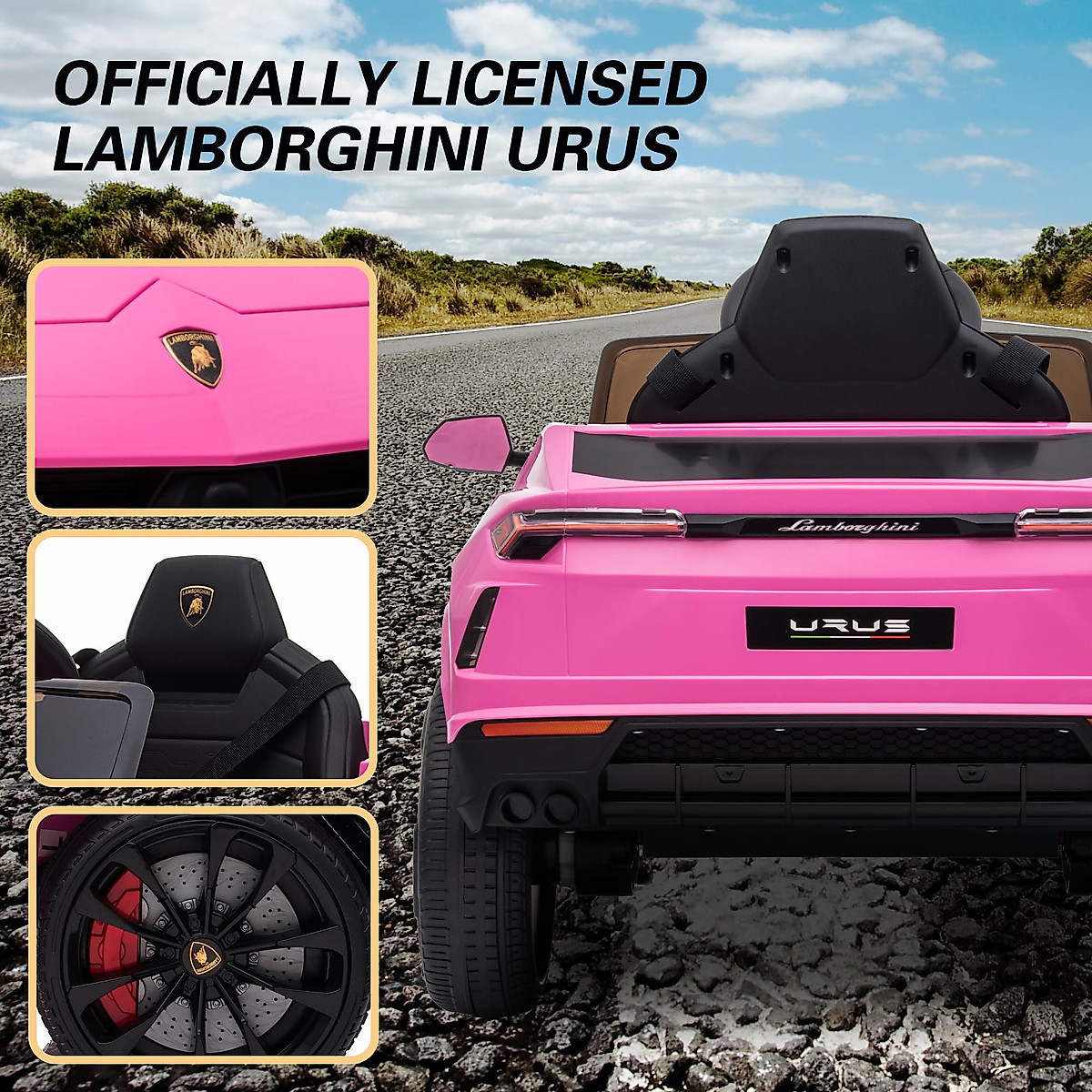 Rock Wheels Licensed Lamborghini Urus Ride On Truck Car Toy, 12V Battery Powered Electric 4 Wheels Kids Toys w/Parent Remote Control, Foot Pedal, Music, Aux, LED Headlights, 2 Speeds (Pink)