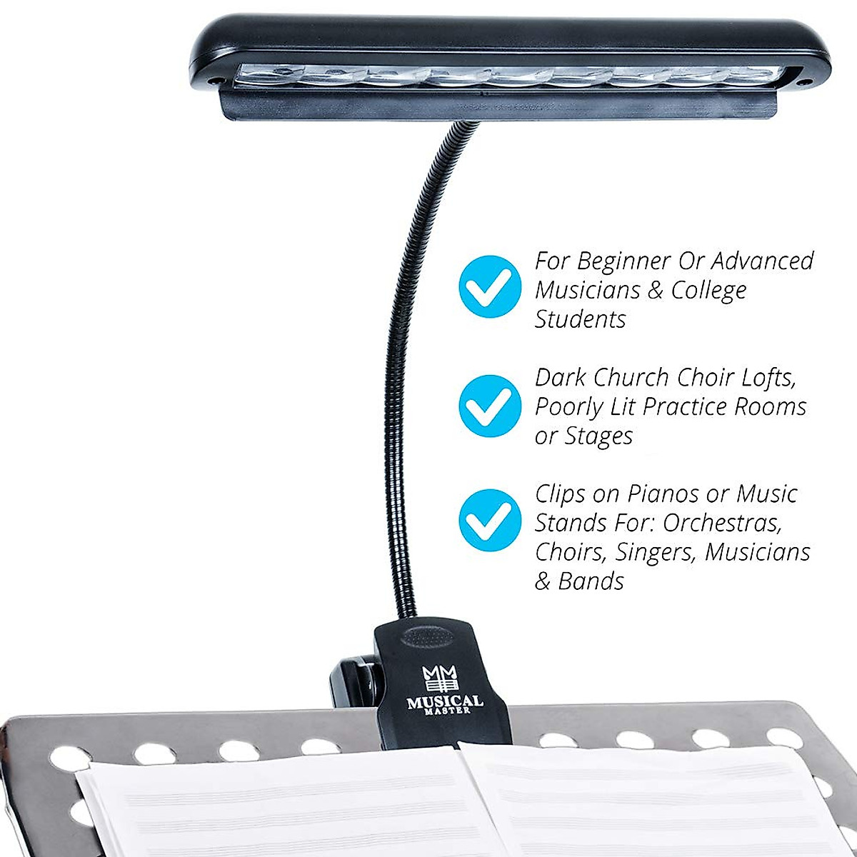 Music Stand Light - Book Light for Reading in Bed – Clip on Portable LED Light - Reading Light - Clamp Light for Violin, Piano, DJ, Desk & More – USB, AA battery operated (Batteries Not Included)