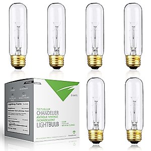 BULBMASTER 25 Watts T10 Tubular Clear Incandescent Light Bulb, Antique Vintage Style Showcase Bulb 6 Pack