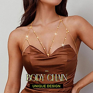 Asooll Layer Crystal Body Chain Rhinestone Bra Beach Bikini Chains Harness Chain Party Nightclub Body Accessories Jewelry for Women and Girls (Gold)