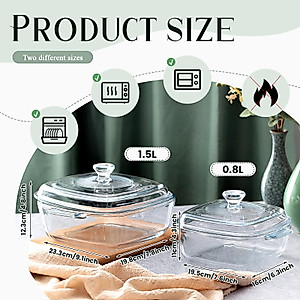 Maxcheck 2 Pieces Glass Casserole Dish with Lid Baking Casserole Dish Covered Cookware Microwave Bowls with Handle for Kitchen Restaurant Home Party Cooking, Oven Safe (Square, 0.8L/ 1.5L)