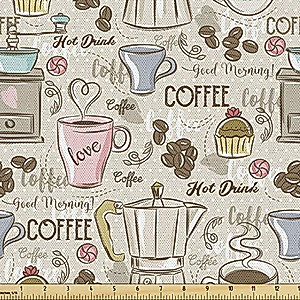 Ambesonne Modern Fabric by The Yard, Coffee Time Vintage Espresso Machine Cupcakes Beans Design, Decorative Fabric for Upholstery and Home Accents, 1 Yard, Pink Beige