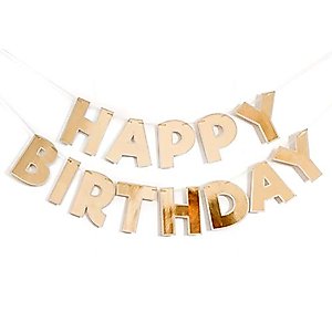 PapaKit Large Happy Birthday Premium Bunting Banner Decoration Baby Boy Girl Adult Party Supply (Metallic Gold with Accent Border)