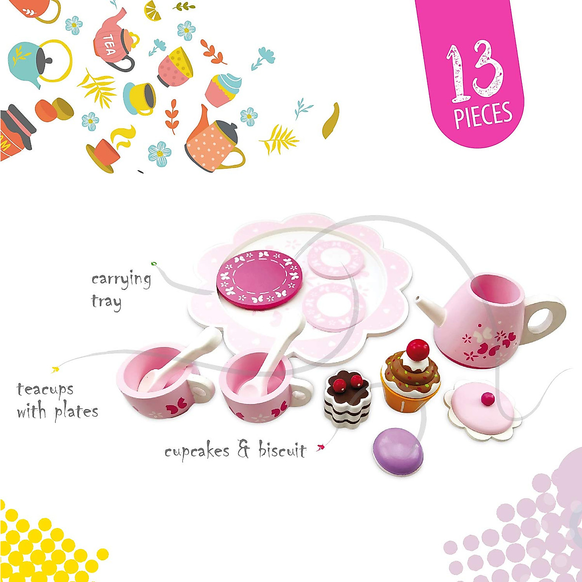 13 Pc Wooden Tea Set Toy - Includes Wood Tea Pot, Carrying Tray, teacups, Cupcakes. Made with Premium Materials - Encourages Pretend Play and Communication Skills - Wooden Toys for Children 3+