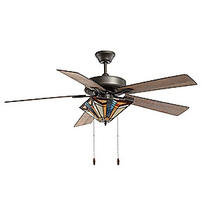 RIVER OF GOODS Tiffany-Style Stained Glass Ceiling Fan - 52" L x 52" W - Rich Barnwood/Light Driftwood Fan Blades