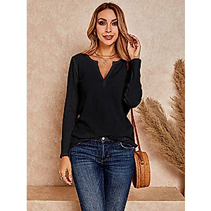 Womens V Neck Waffle Knit Shirts Long Sleeve Loose Fitting Warm Tee Tops Sweaters Pullovers Black