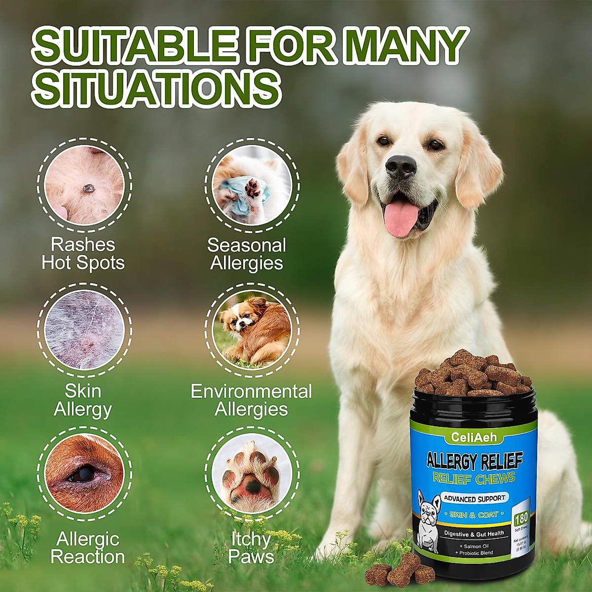 Dog Allergy Relief Chews, Salmon Oil Skin & Coat Supplement with Colostrum, Probiotics, Dog Itching Skin Relief, Dry Skin, Itchy Paws - Seasonal Allergies & Hot Spots Support Treats - 180 Count 450g