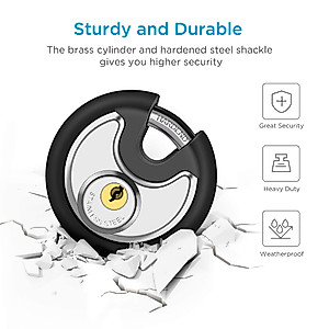 Puroma Keyed Padlock, Stainless Steel Discus Lock Heavy Duty Locks with 3 Keys, Waterproof and Rustproof Storage Lock with Rubber Bumper for Warehouse, Garage, Storage Locker, and Outdoors (1 Pack)