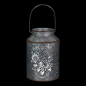 Exhart Solar “Welcome” Cute Pail Lantern, Outdoor LED Garden Light, Durable Stamped Metal, 5.5” X 8”