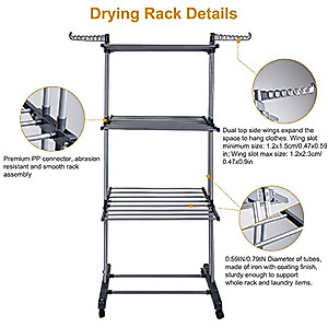 Moclever Clothes Drying Rack,3-Tier Collapsible Rolling Dryer Clothes Hanger Adjustable Large Stainless Steel Garment Laundry Racks with Foldable Two Side Wings Grey Indoor Outdoor