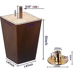 Wood Furniture Legs 5 inch Sofa Legs Pack of 4 Square Brown Couch Legs ,Mid century chair feet,Sofa replacement parts, For Dresser legs Sideboard Recliner couch Circle chair Couch riser Coffee Table